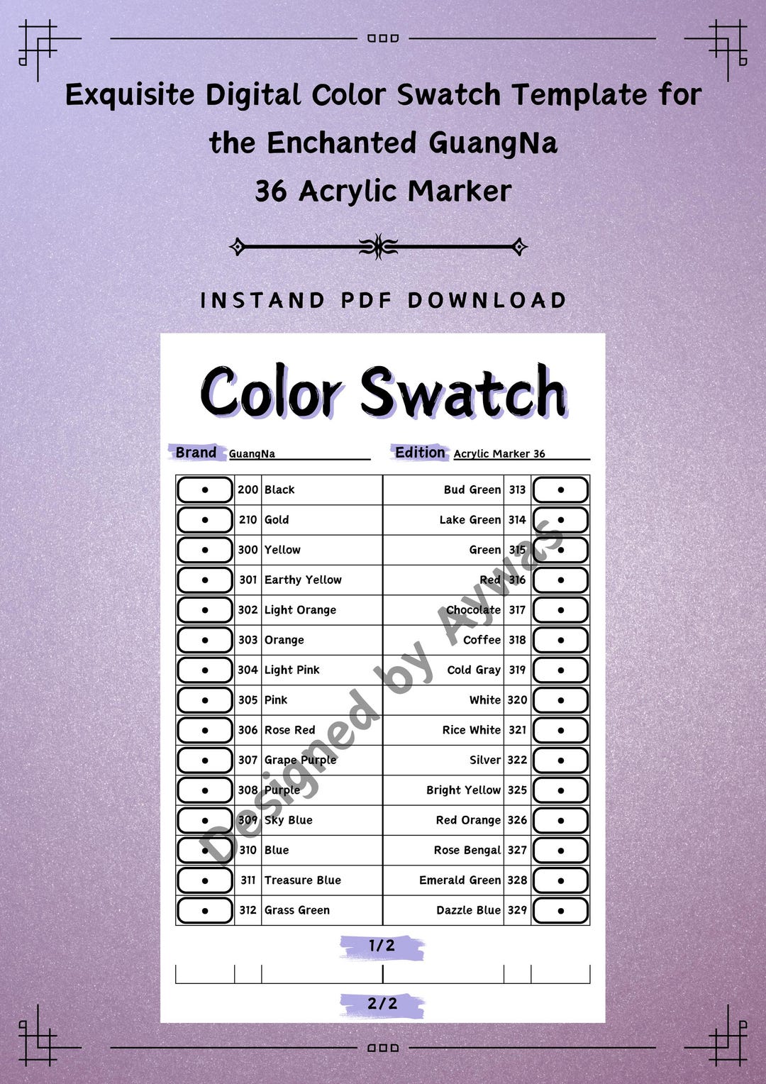 Guangna Color Swatch Templates 36 Acrylic Markers DIY Digital PDF ...