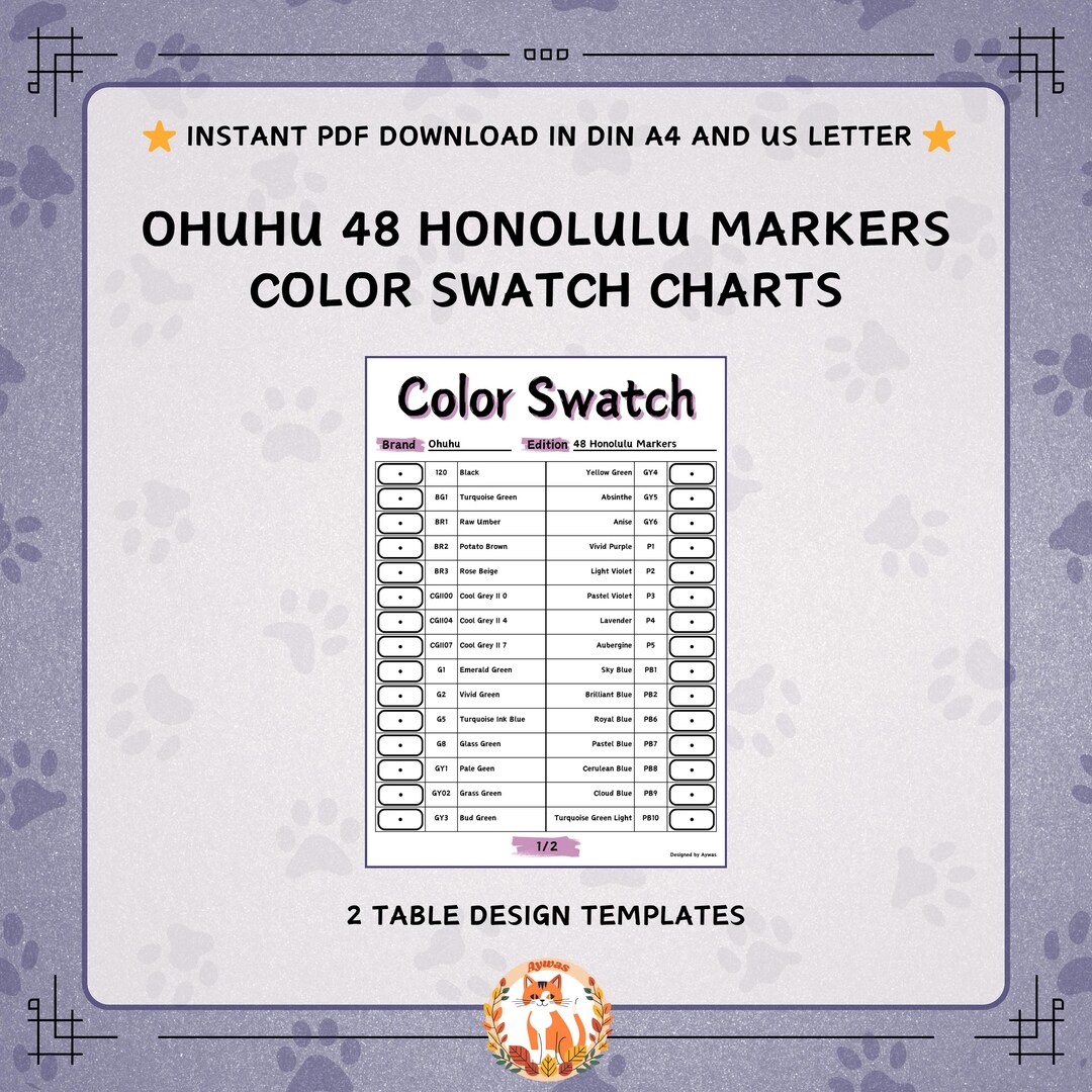 Ohuhu 48 Honolulu Markers Color Swatch Chart – Table Design – Printable ...