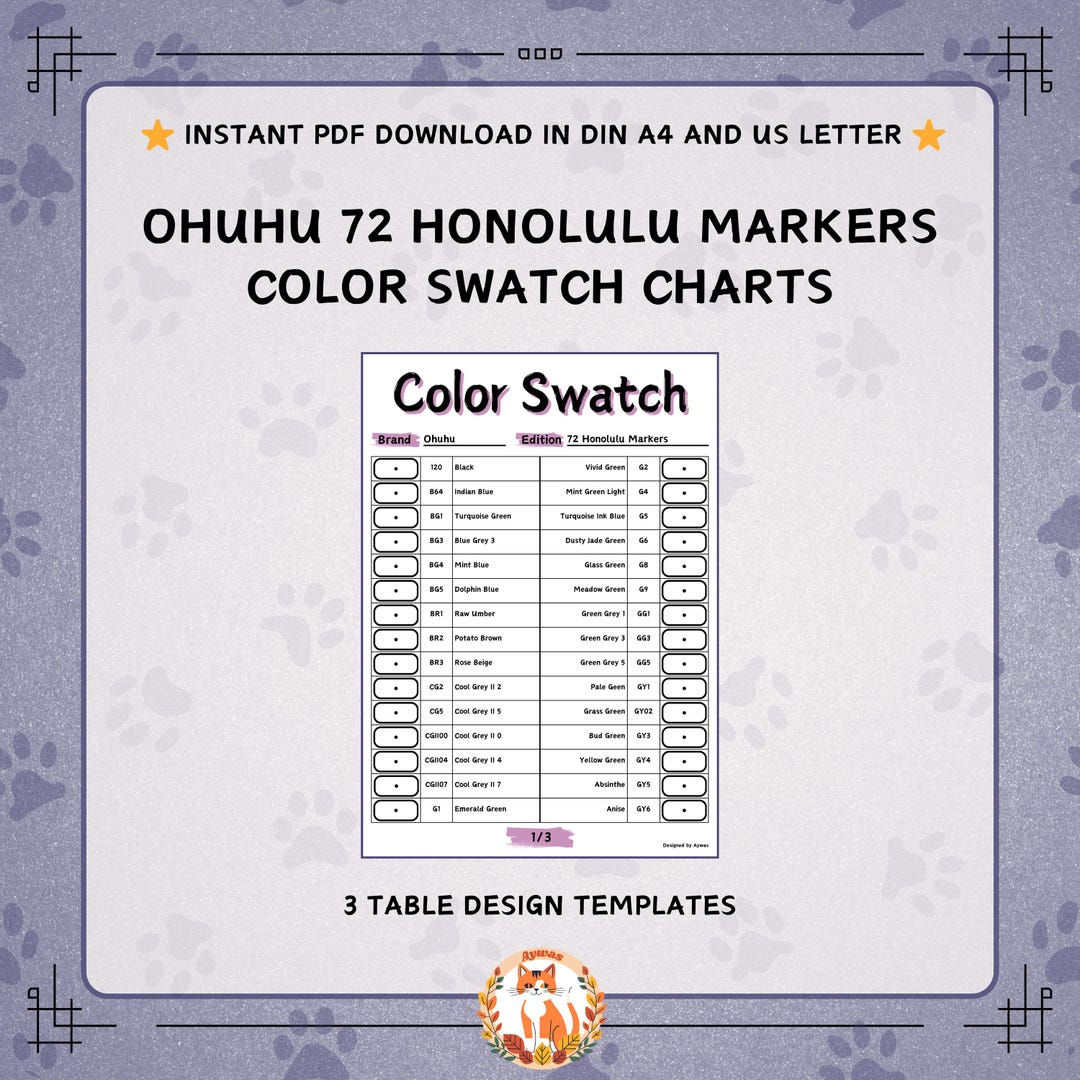 Ohuhu 72 Honolulu Markers Color Swatch Chart – Table Design – Printable ...