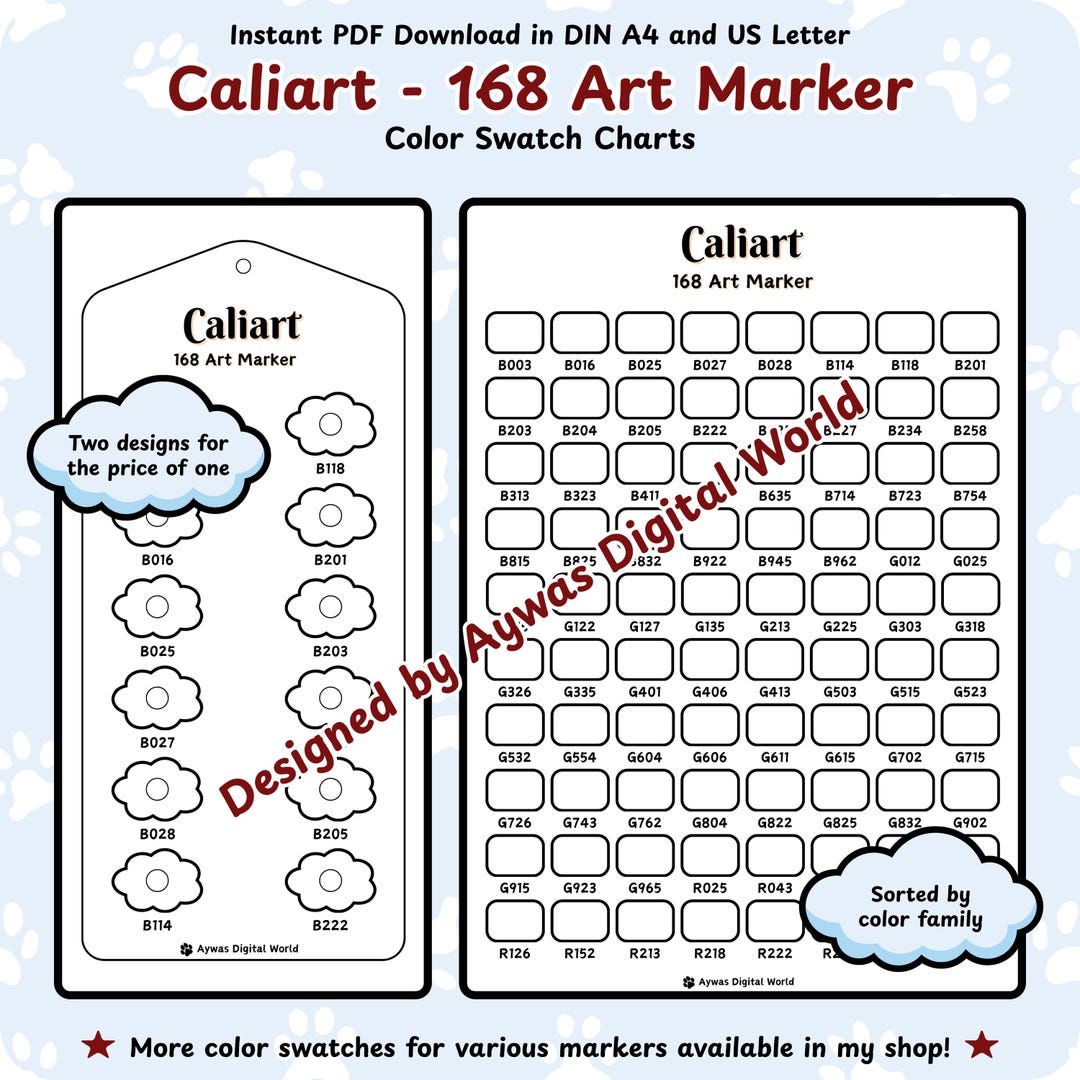 Caliart 168 Art Marker Color Swatch Chart – Cloud + Grid Designs ...