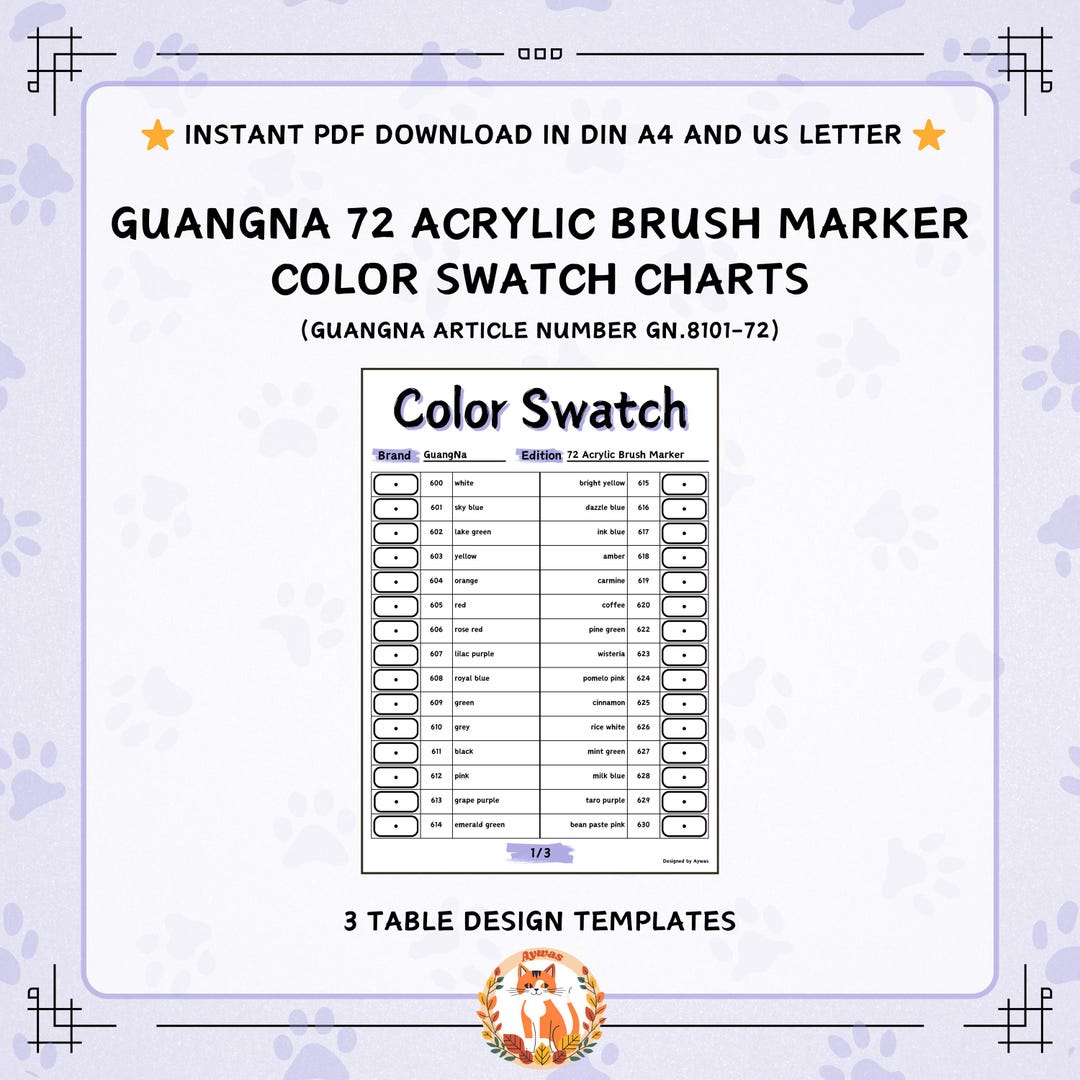 Guangna Acrylic Brush Marker 72 GN.8101-72 Color Swatch Chart Table ...