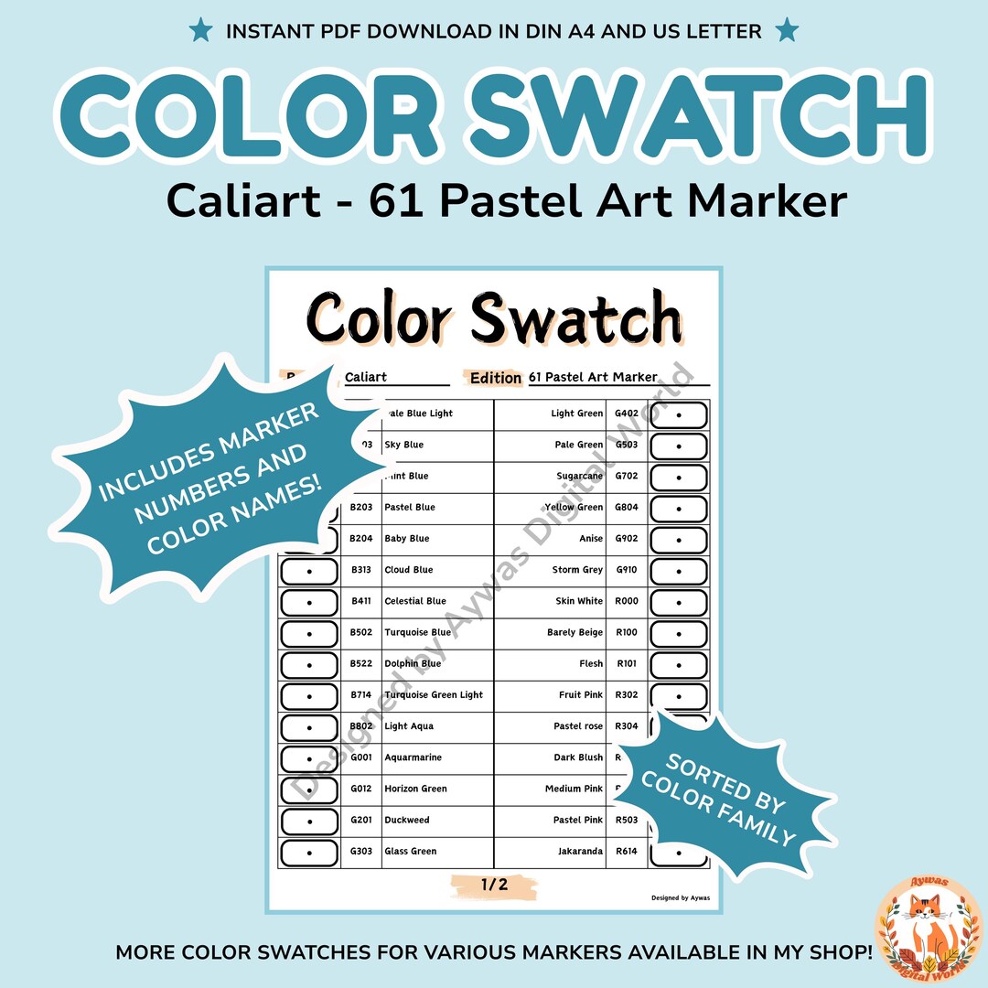 Caliart 61 Pastel Art Marker Color Swatch Chart – Table Design ...