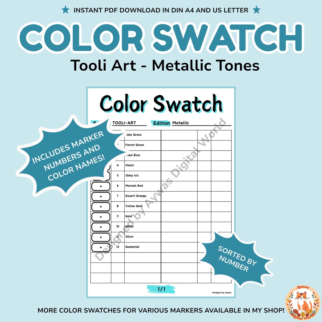 Tooli-art Metallic Tones Color Swatch Chart – Table Design – Printable ...