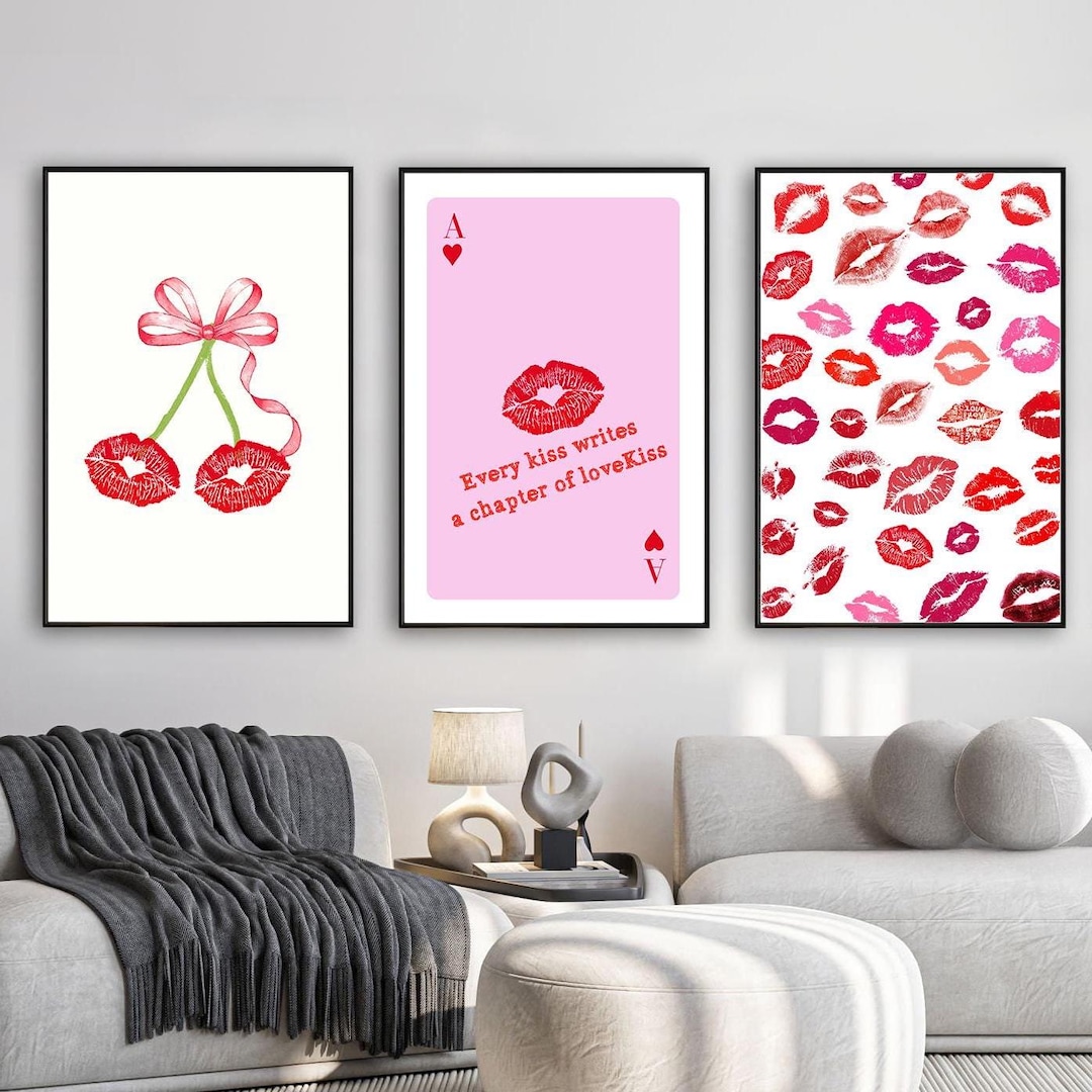 Retro Kiss Lips Wall Art Poster Set of 3 Romantic Vintage Posters, Bold ...