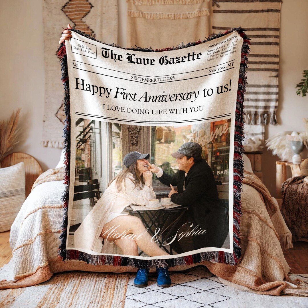 Personalized First Anniversary Woven Blanket, Custom Couples Photo ...