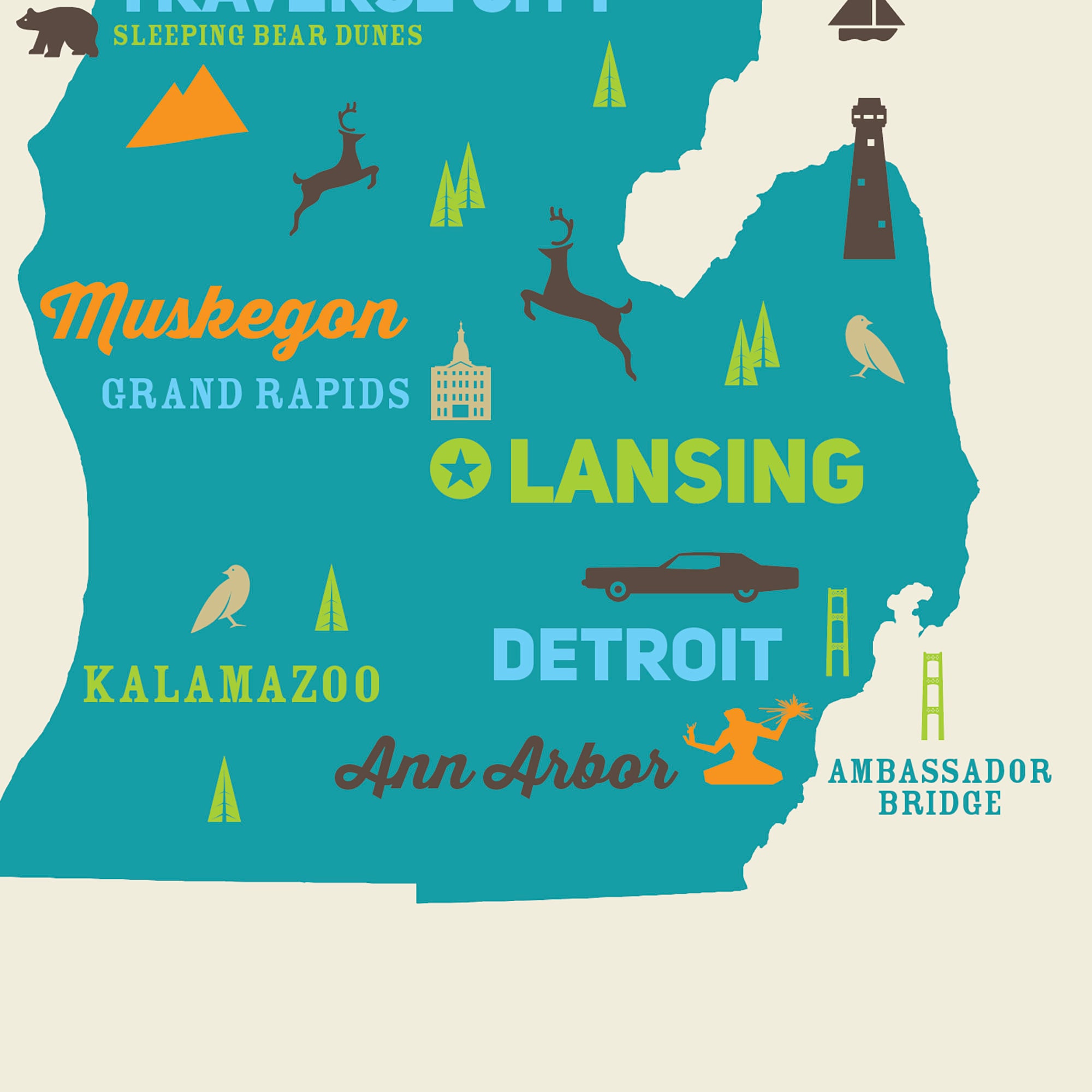 Michigan Map Original Illustration Poster - 12" X 18" or 24" X 36 ...