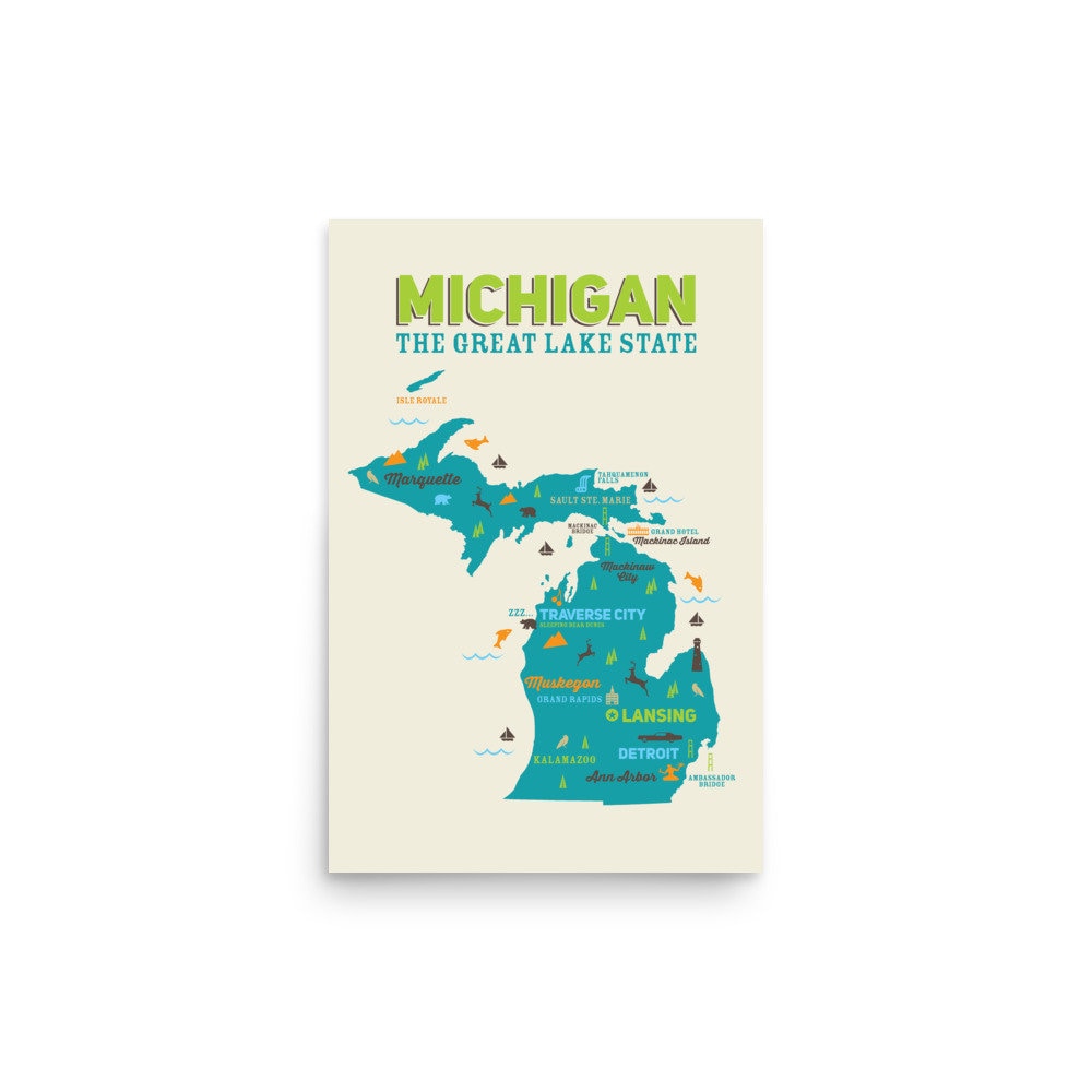 Michigan Map Original Illustration Poster - 12" X 18" or 24" X 36 ...