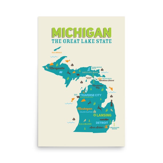 Michigan Map Original Illustration Poster 12 X | Etsy