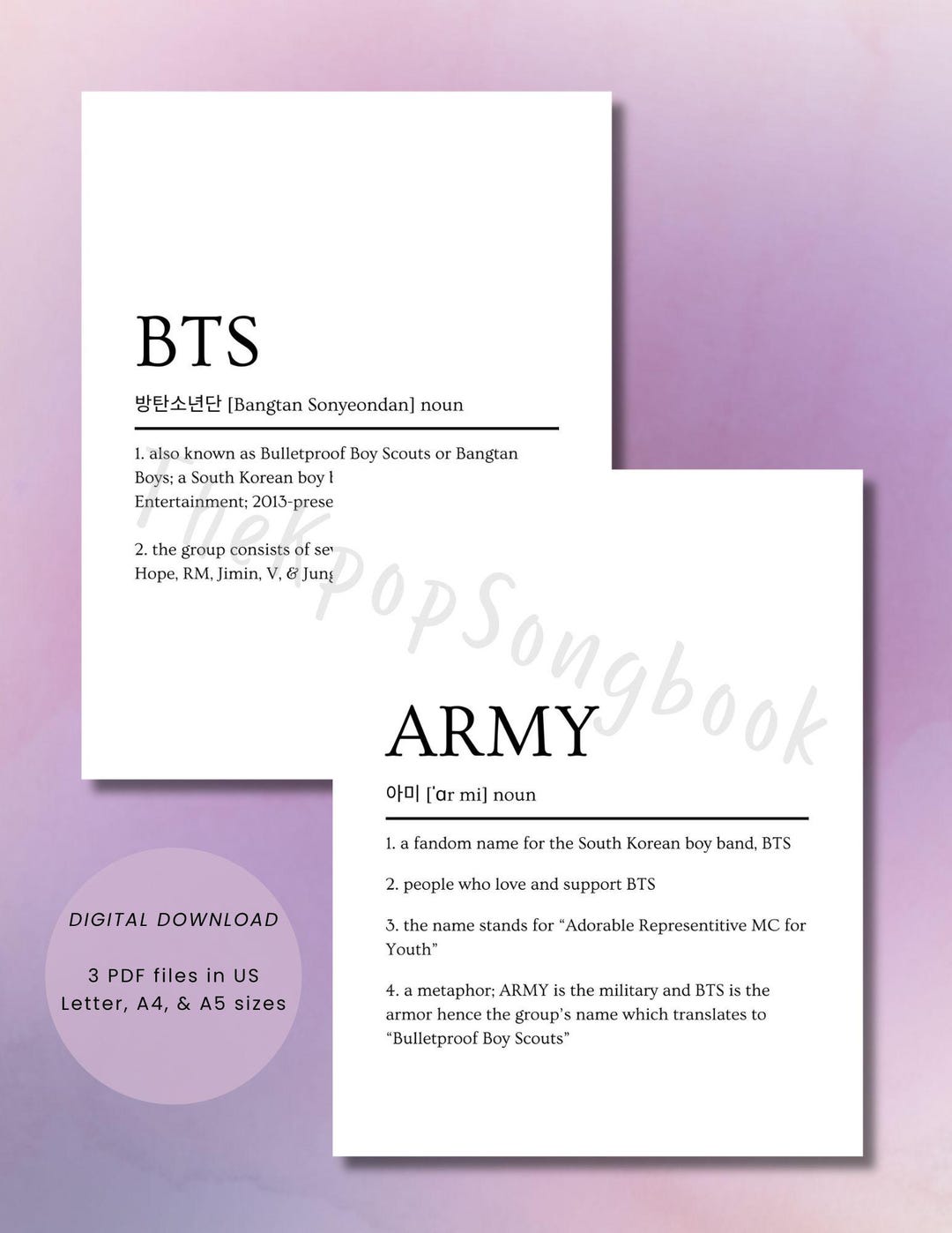 BTS & ARMY Definition Prints - Minimalist Word Printable - Kpop Print ...