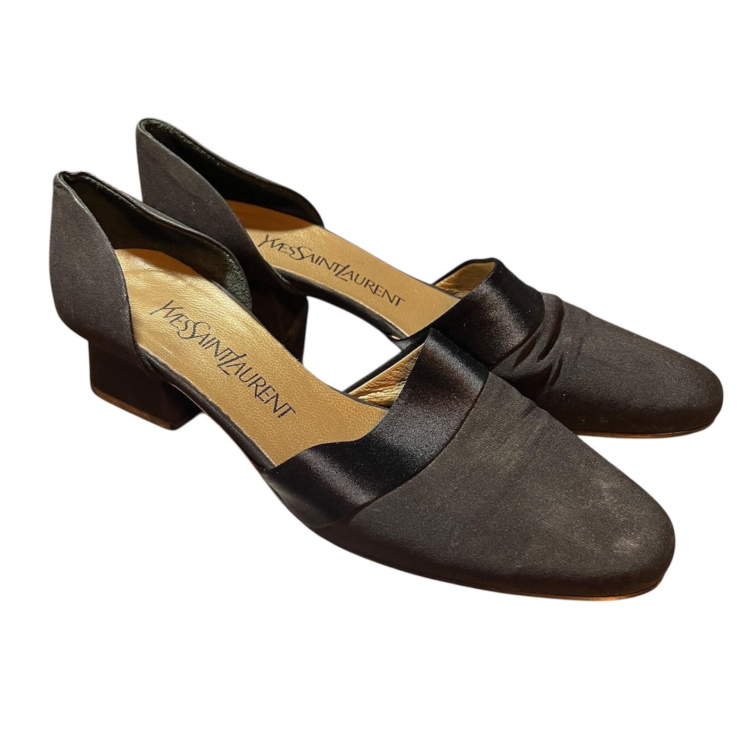 Yves Saint Laurent Black Satin Block Heel 1.5" Pumps Size 7M Made in ...