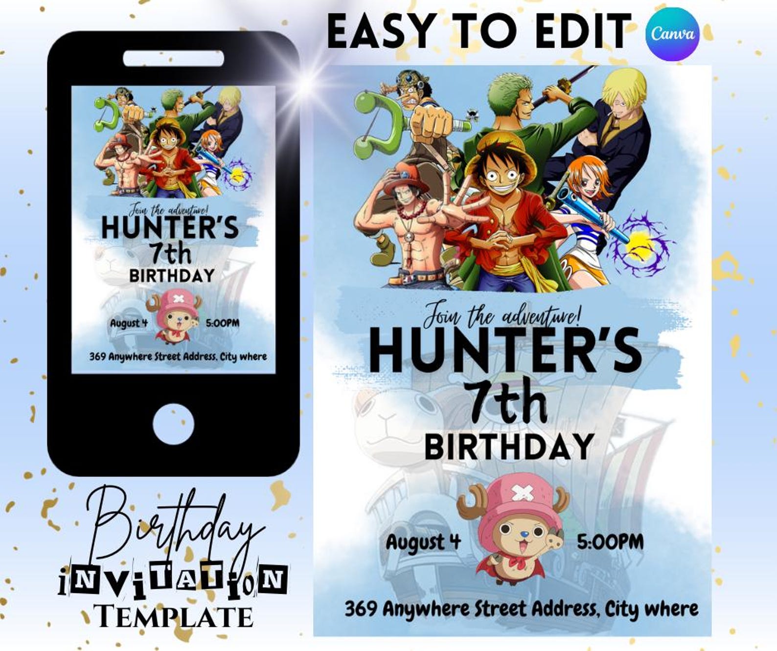 Plantilla de invitación de cumpleaños para niños Anime One Piece - Etsy ...