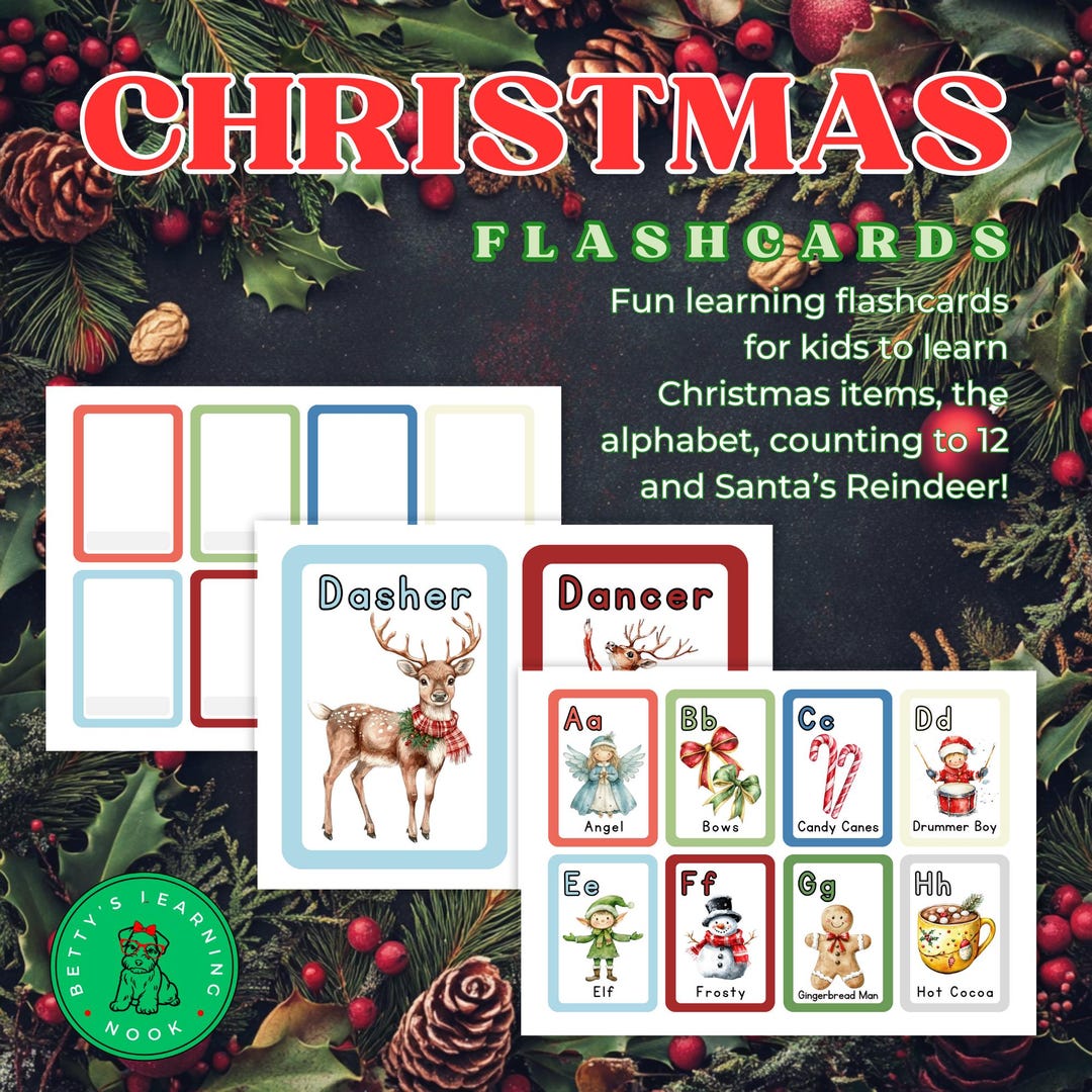 Christmas Children's Flashcards, Alphabet, Printable, DIGITAL DOWNLOAD ...