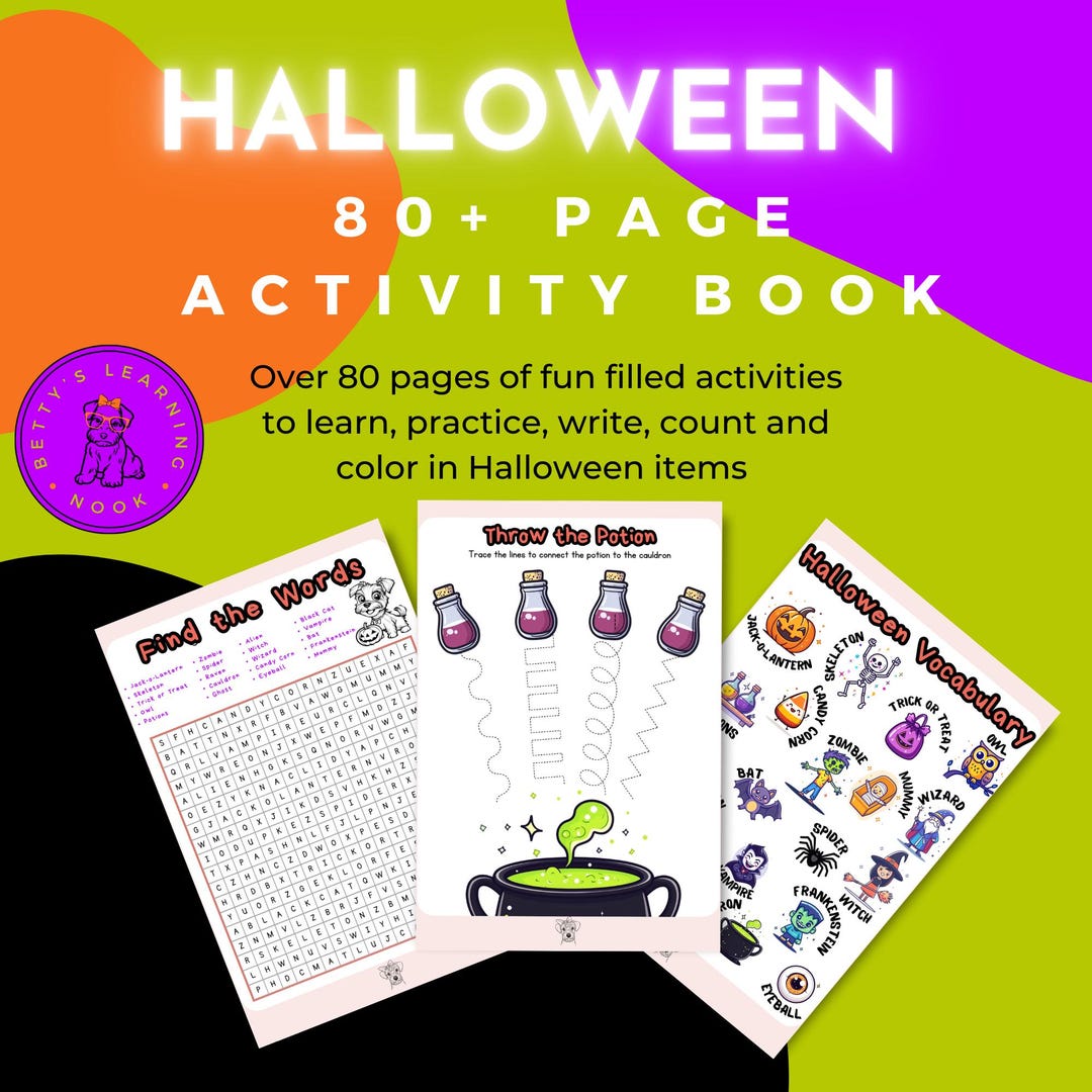 80+ Page Halloween Kids Activity Book, Writing, Counting, Coloring ...