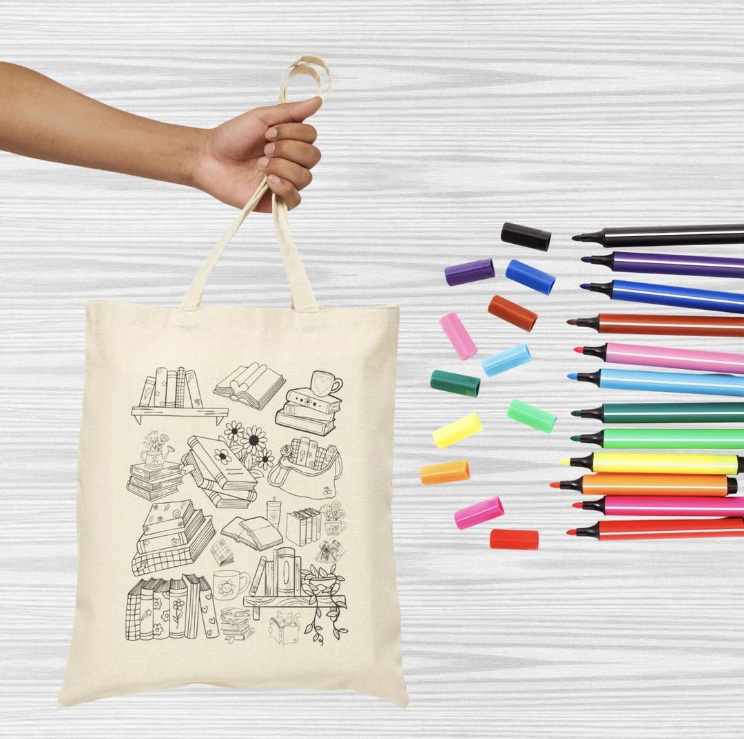 Library Book Tote Bag, Color Your Own Bag, Custom Book Bag, Cotton ...