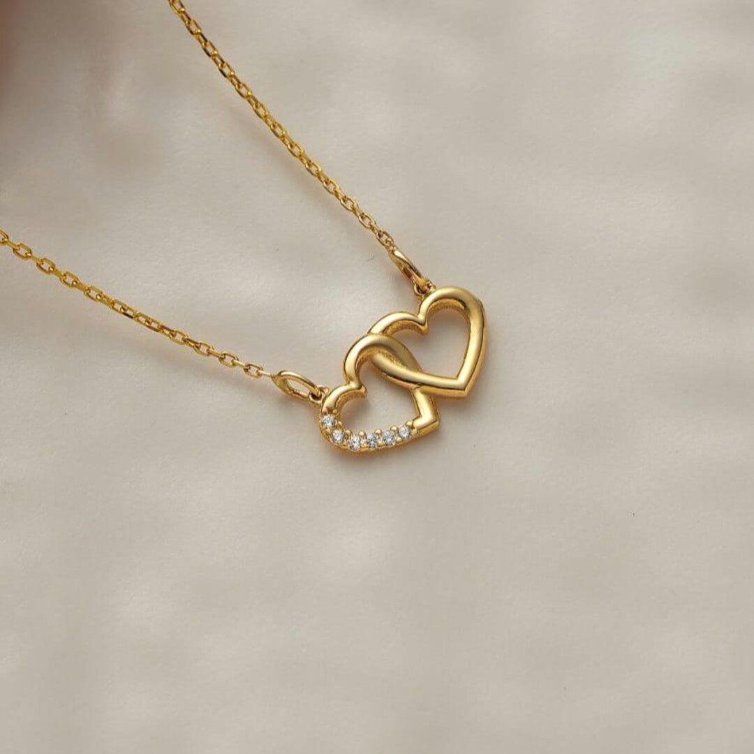 Interlocking Dual Heart Necklace, 14K Solid Gold Dual Heart Pendant ...