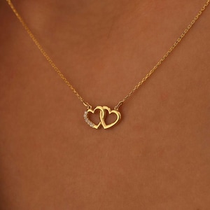 14K Solid Gold Double Heart Necklace, Dual Heart With Zircon Stone ...