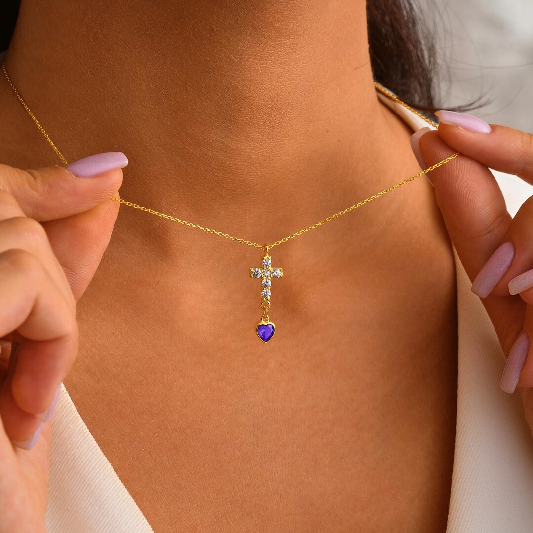 Custom Cross and Birthstone Pendant, Cross and Heart Birthstone ...