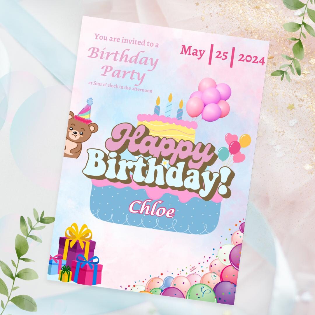 Editable Colorful Pink and Blue Digital Kids Birthday Invitation ...