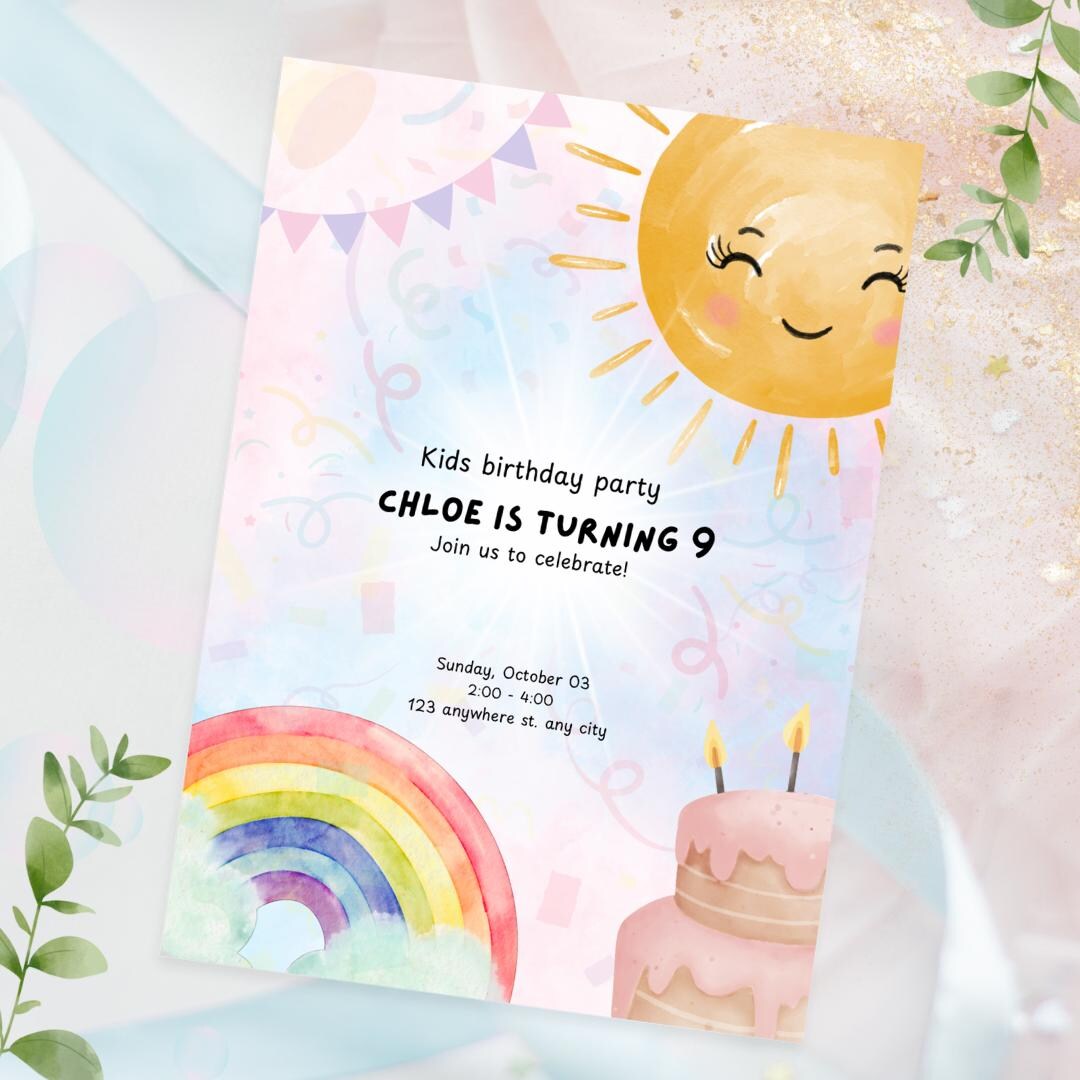 Editable Pastel DIGITAL Kids Birthday Invitation Cartoon Character ...