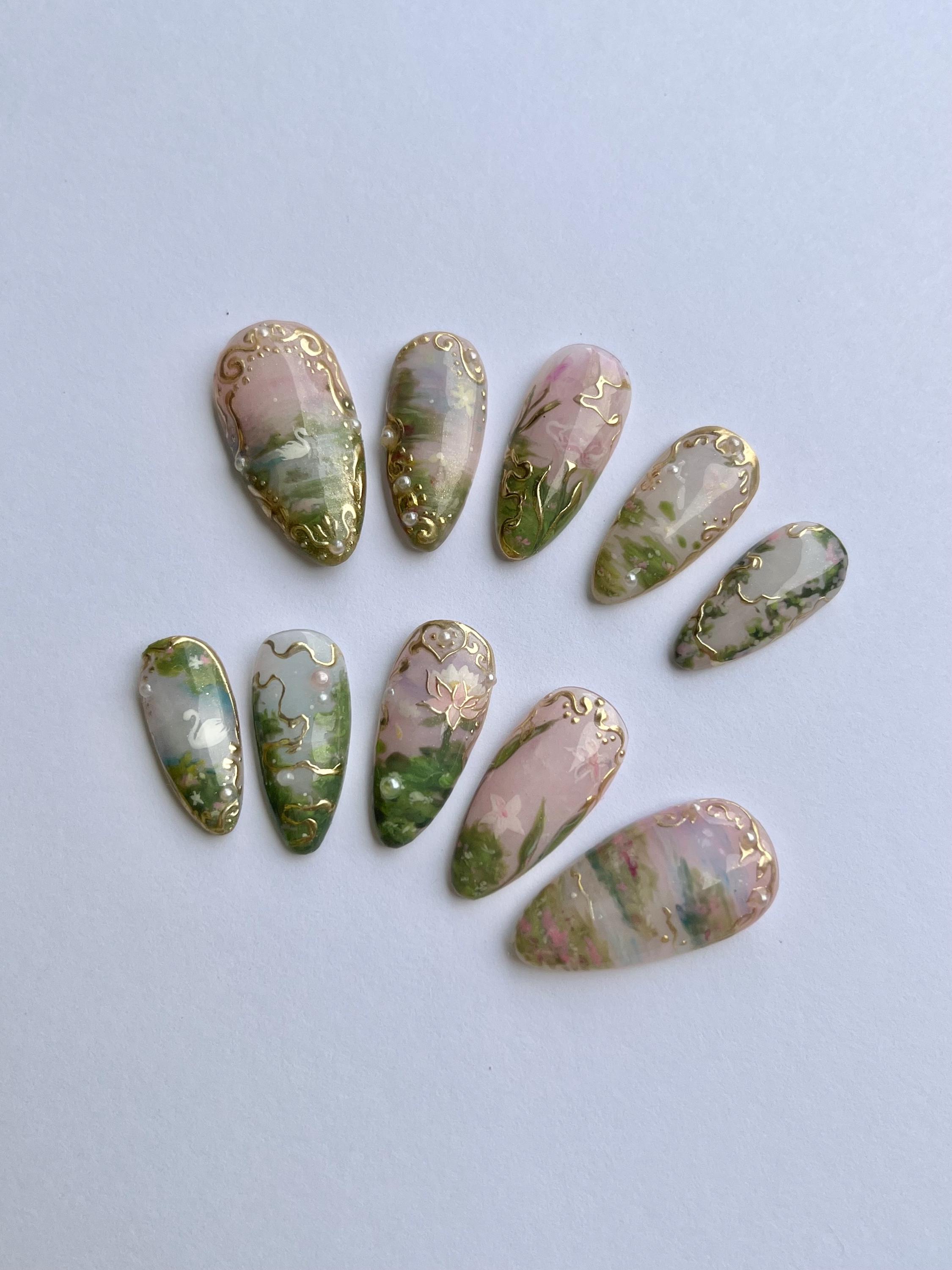 Monet-inspired Press-on Nails | Elegant Watercolor Nail Art | Artistic ...