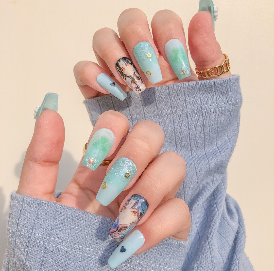 ANEMO Genshin Impact Inspired Press on Nails Xiao Nails Kazuha Nails ...