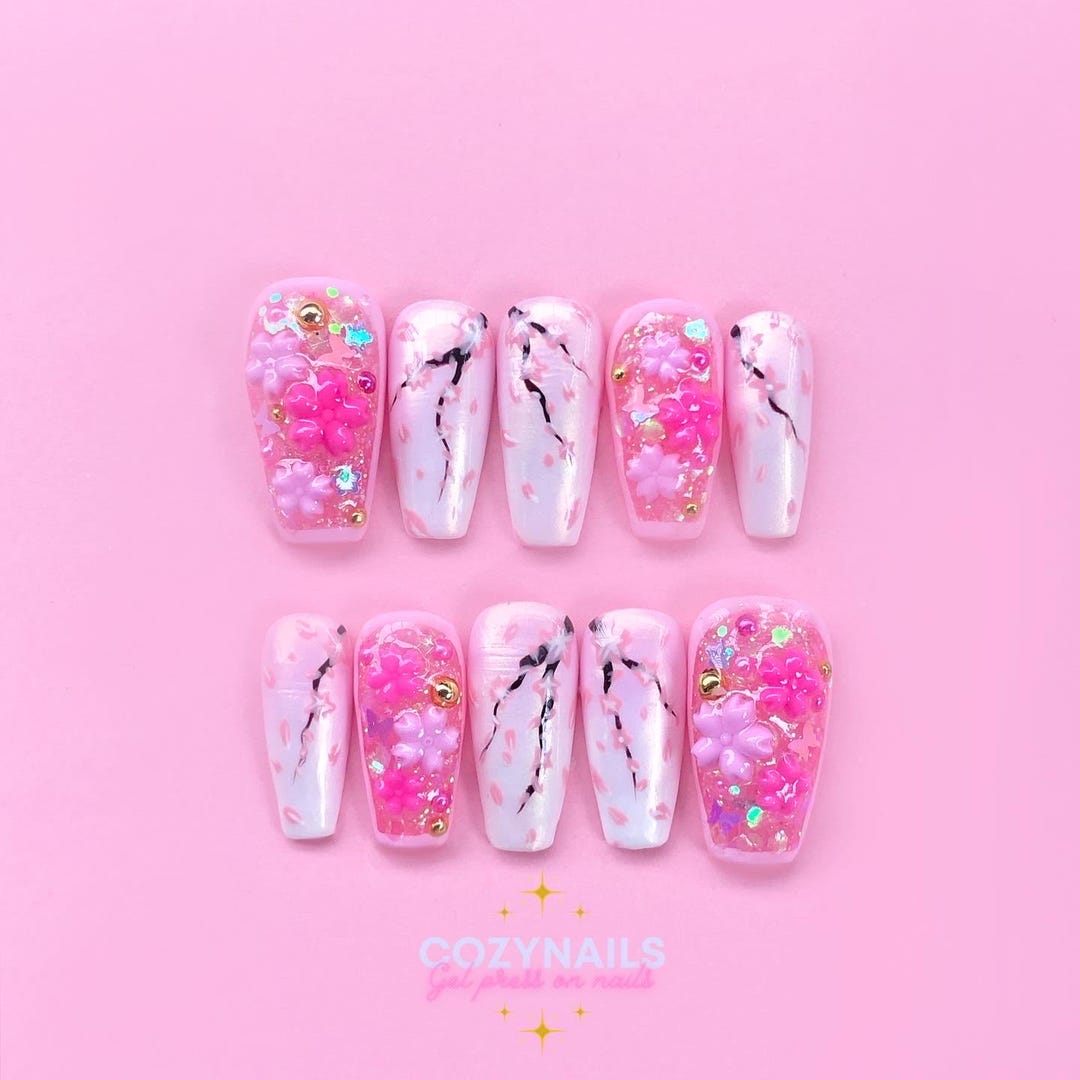 Pink Sakura Nails | Cherry Blossom Nails | Sakura Pink Flower Nails ...
