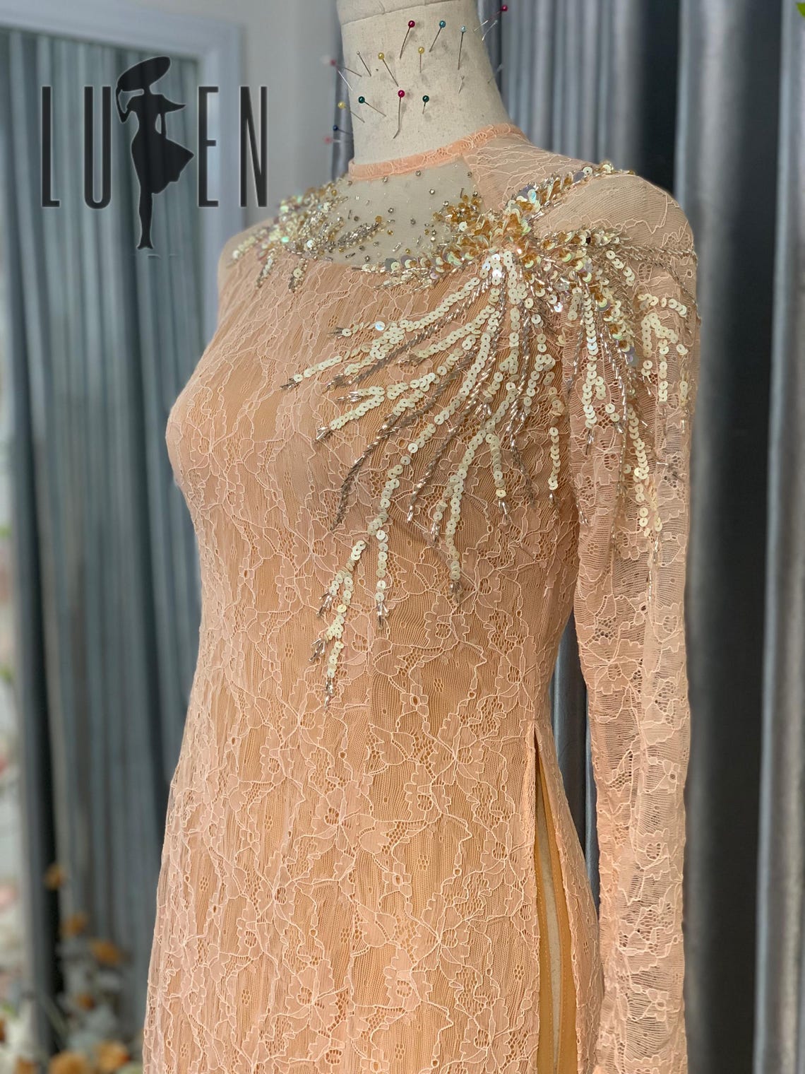 Personalization Modern Long-sleeves High Neck Sheer Floral Embroidered ...