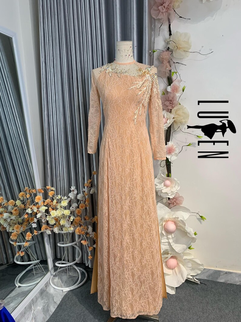 Personalization Modern Long-sleeves High Neck Sheer Floral Embroidered ...