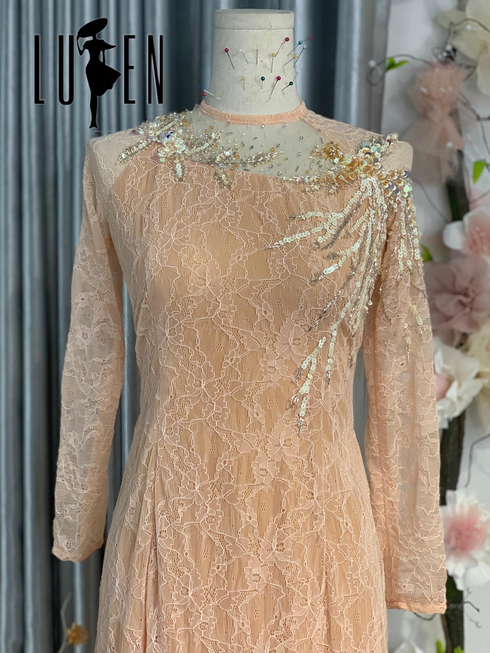 Personalization Modern Long-sleeves High Neck Sheer Floral Embroidered ...