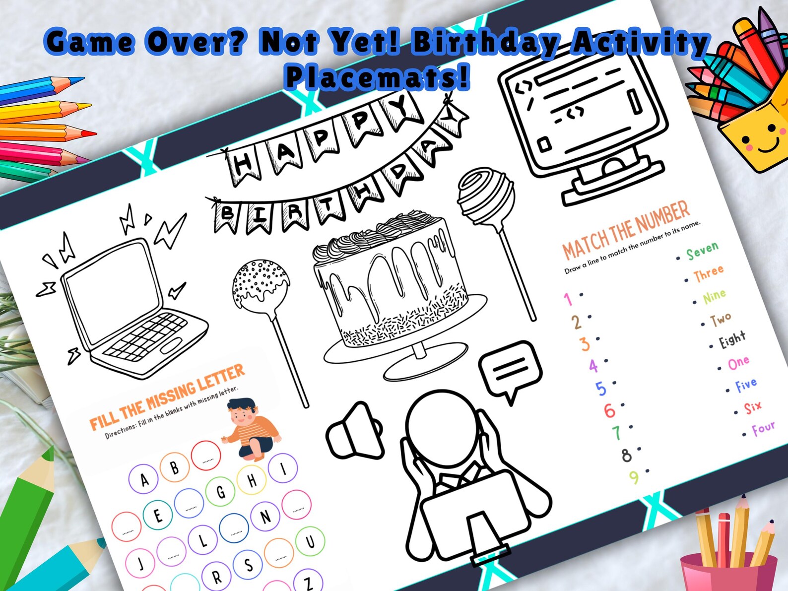 Video Game Birthday Coloring Placemat Party Games Children Activity ...