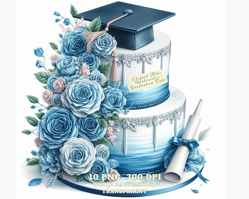 Watercolor Elegant Blue Graduation Cake Clipart PNG, Class of 2025, Cap ...