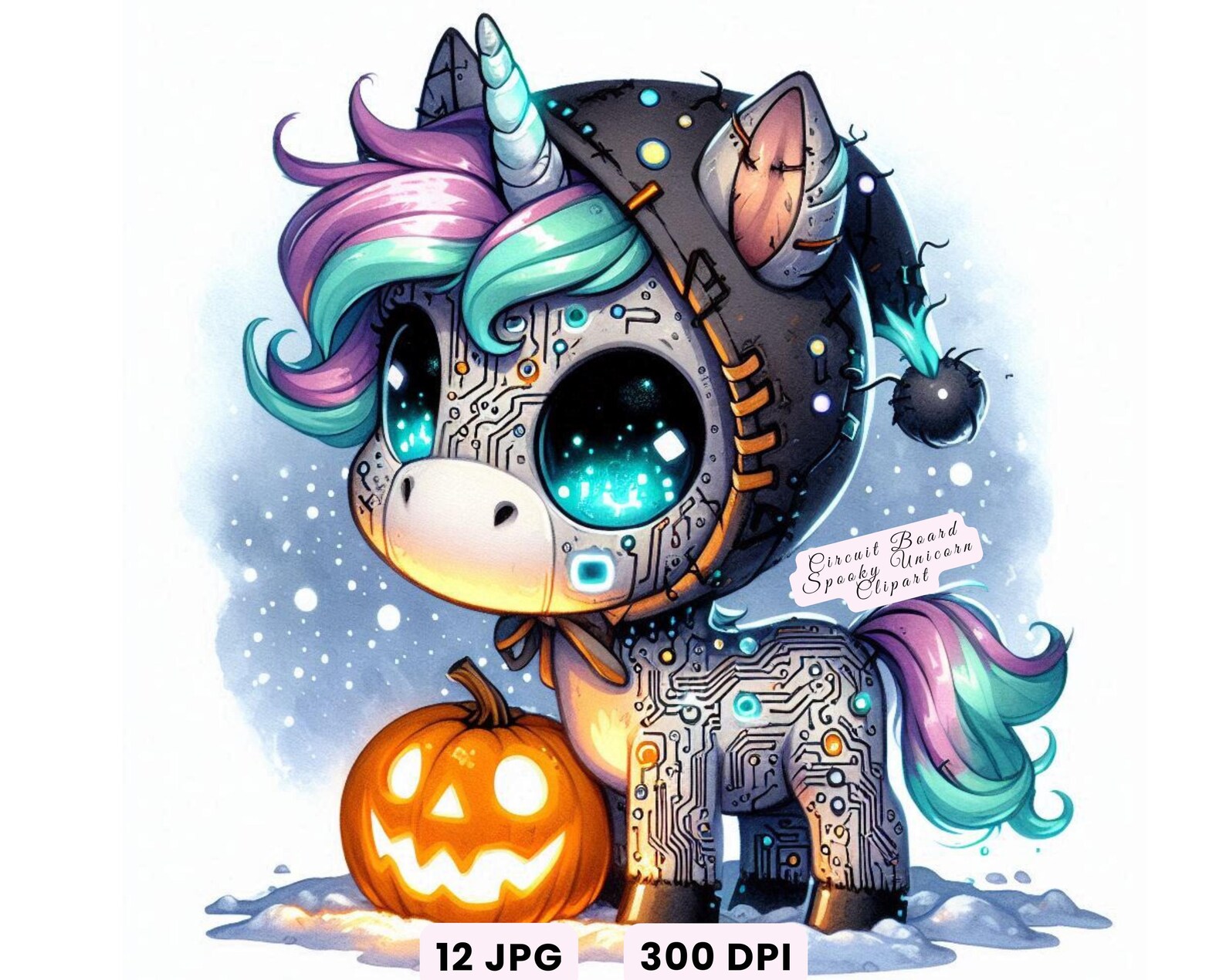 Spooky Cute Unicorn Clipart, Spooky Tech Pattern JPG, Creepy Cute ...