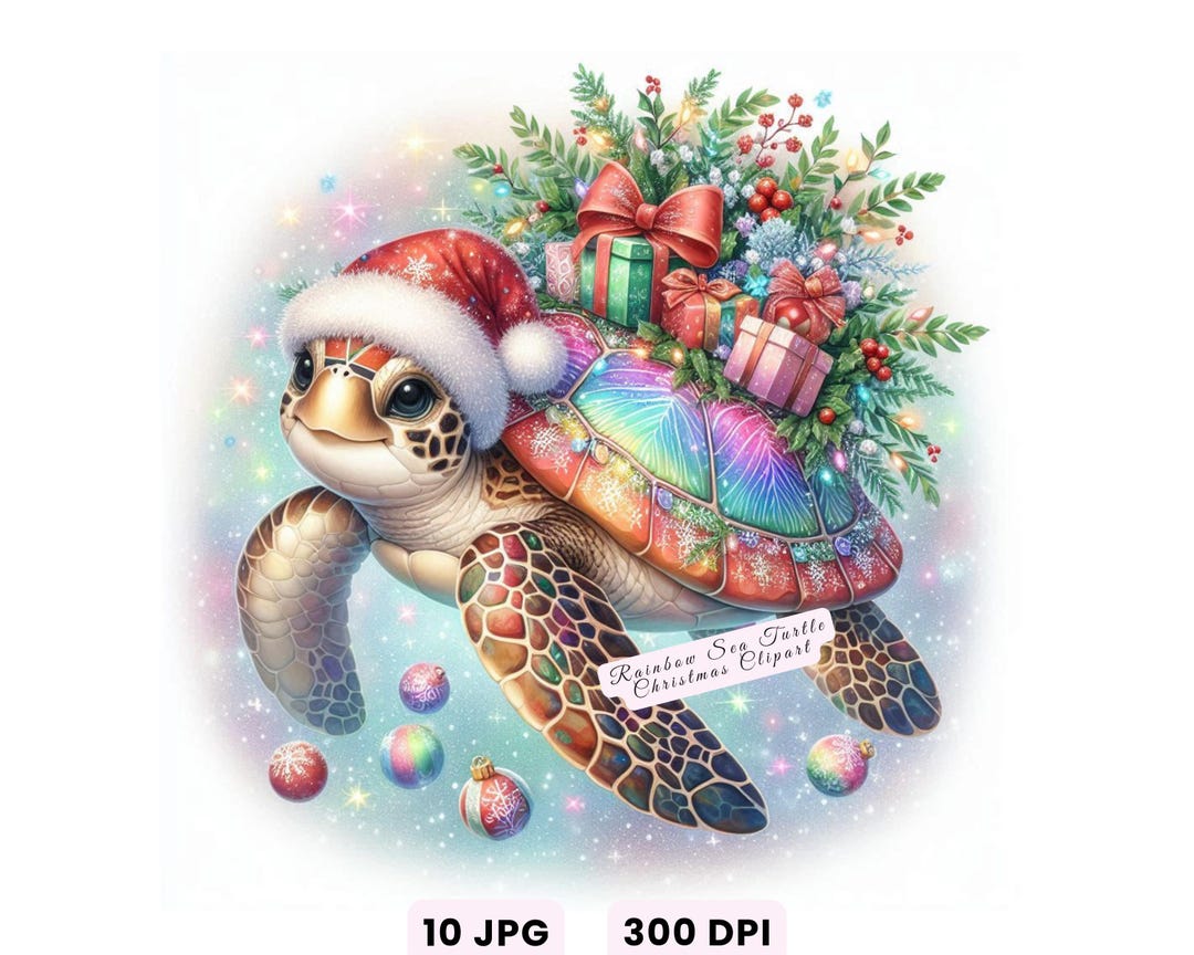 Christmas Animal Clipart, Rainbow Sea Turtle Clipart, Christmas Turtle ...