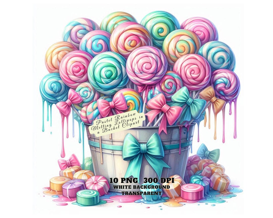 Lollipop Clipart, Pastel Rainbow Melting Lollipops in Bucket With Bow ...