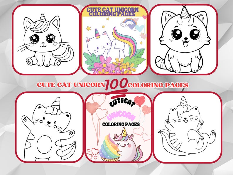 Unicorn Cat Coloring Pages for Kids, Kittycorn Coloring Book, Cute ...