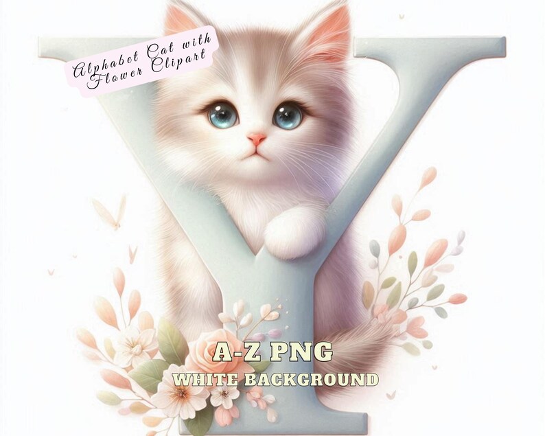 Adorable Cat Letter Alphabet Clipart, Watercolor Floral Kitten Alphabet ...