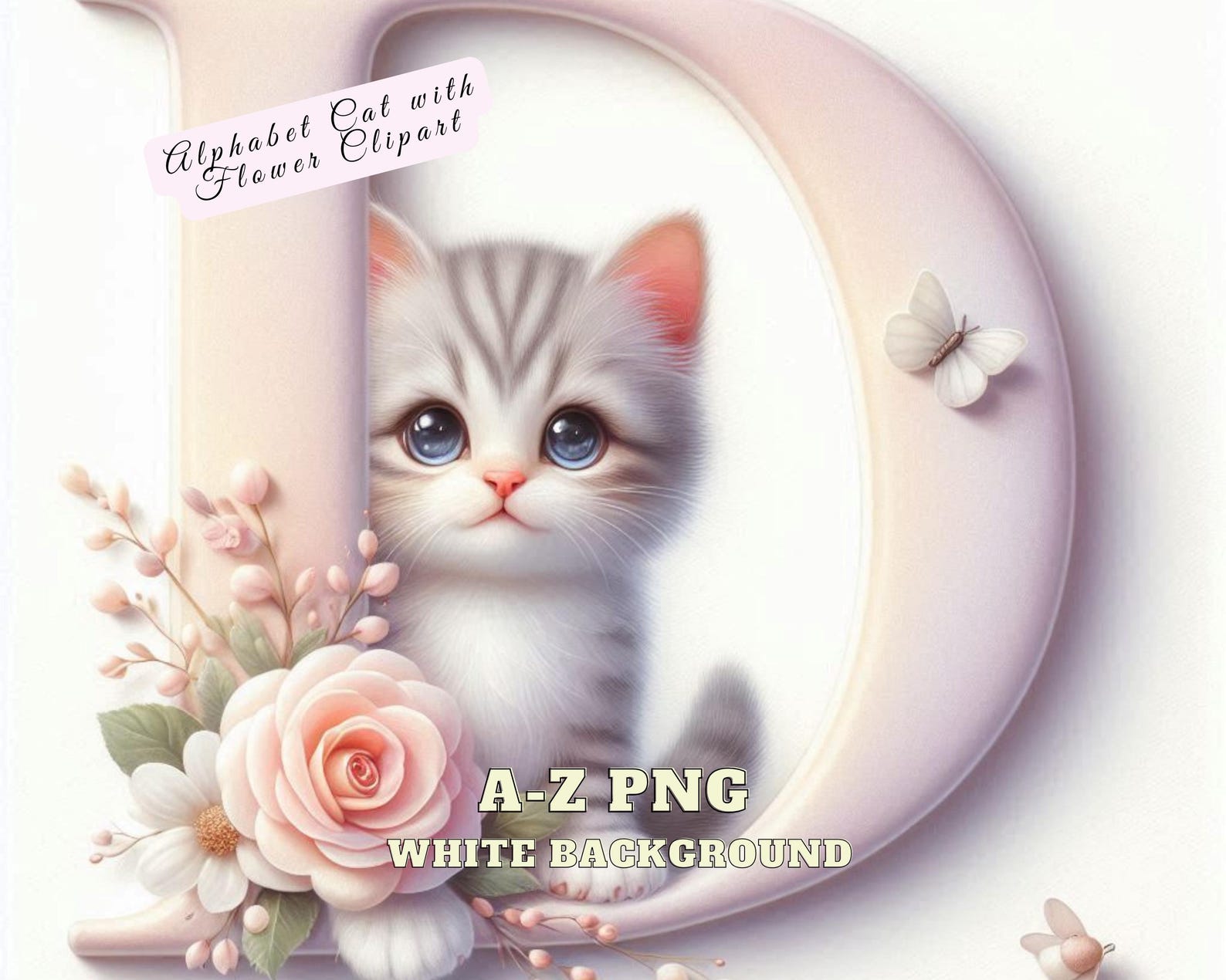 Adorable Cat Letter Alphabet Clipart, Watercolor Floral Kitten Alphabet ...
