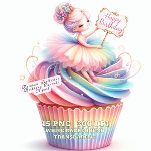 Birthday Cupcake Clipart, Rainbow Ballerina Birthday Cupcake Clipart ...