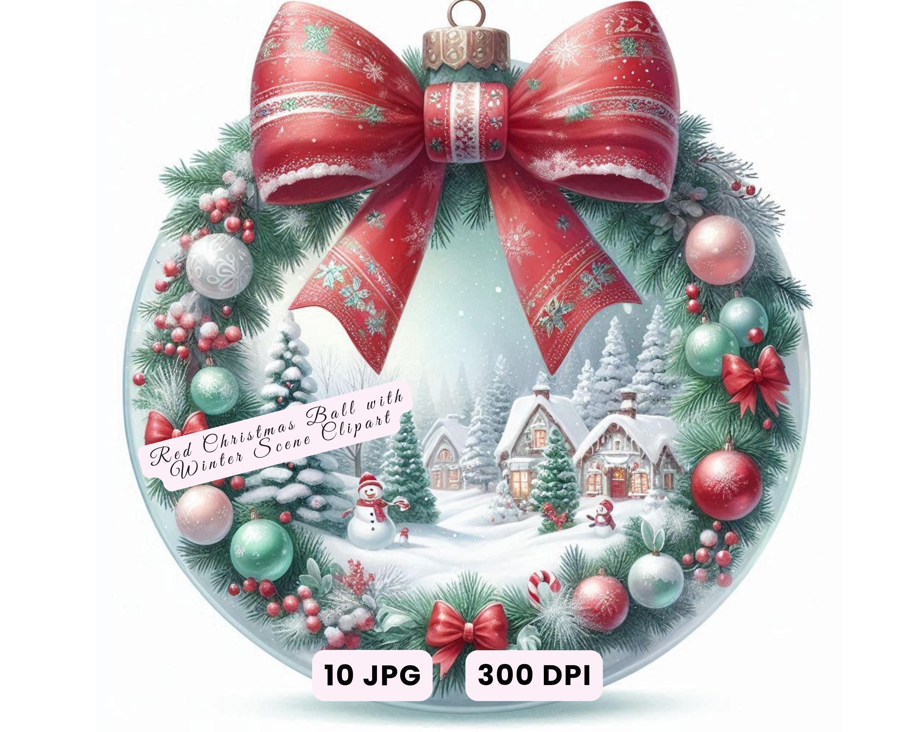 Red Christmas Ball Clipart With Winter Scene, Holiday Ornament JPG With ...