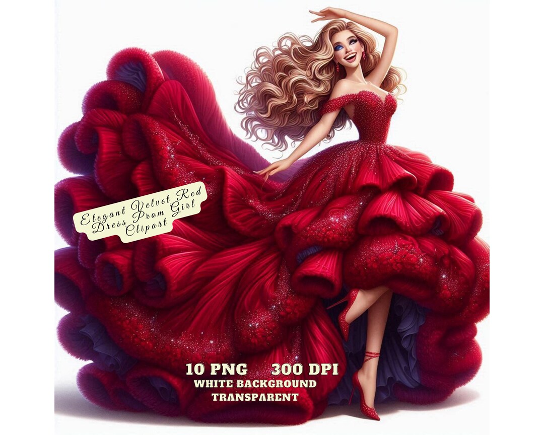 Velvet Red Prom Girl Clipart, Elegant Fashion Illustration PNG ...
