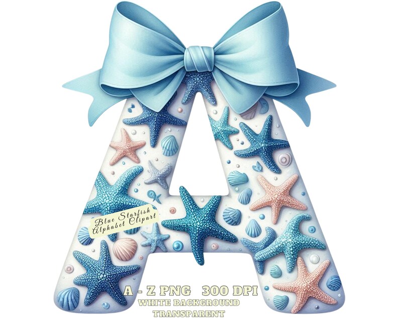 Blue Starfish Alphabet Clipart, Watercolor Ocean-themed Alphabet ...