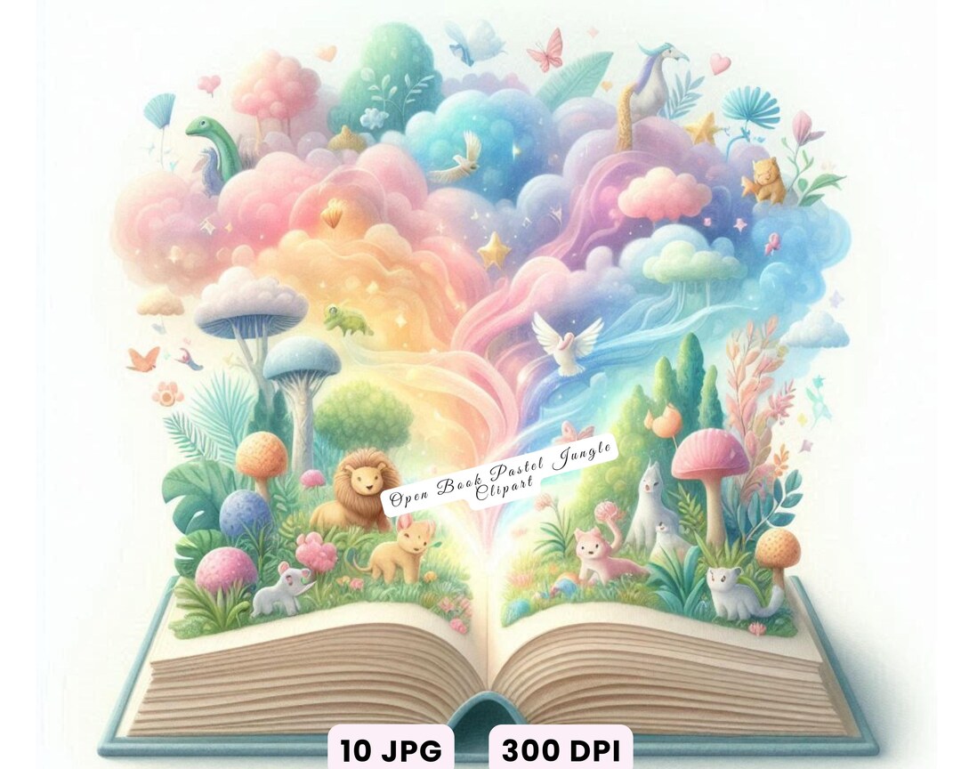 Open Book Clipart, Pastel Jungle Clipart, Magical Jungle Book ...