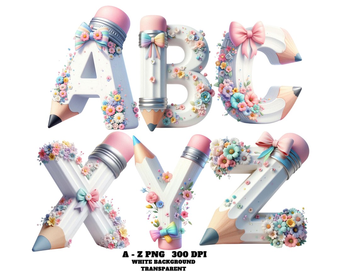 Alphabet Clipart, Floral Pencil Alphabet Clipart, White Pencil Letters ...