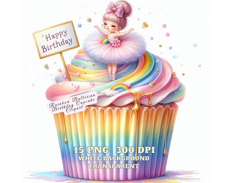 Birthday Cupcake Clipart, Rainbow Ballerina Birthday Cupcake Clipart ...