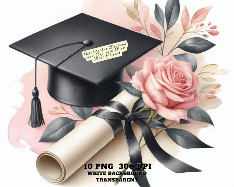 Watercolor Diploma and Cap With Pink Rose Clipart, Graduation Clipart ...