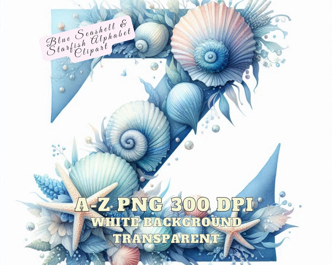 Seashell Alphabet Clipart, Blue Seashells & Starfish Alphabet Clipart ...