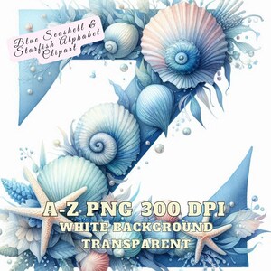 Seashell Alphabet Clipart, Blue Seashells & Starfish Alphabet Clipart ...