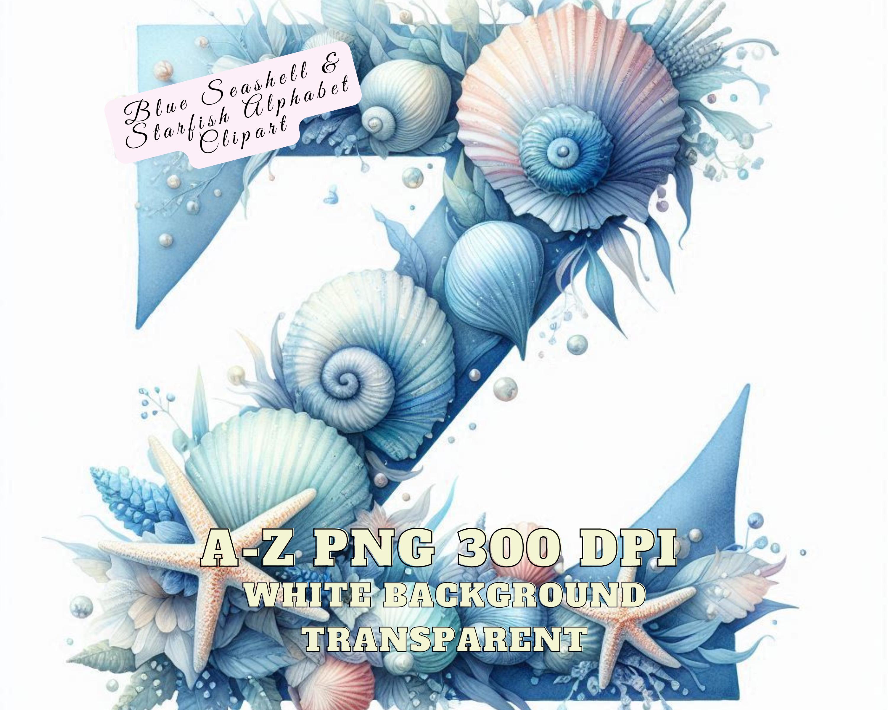 Seashell Alphabet Clipart, Blue Seashells & Starfish Alphabet Clipart ...