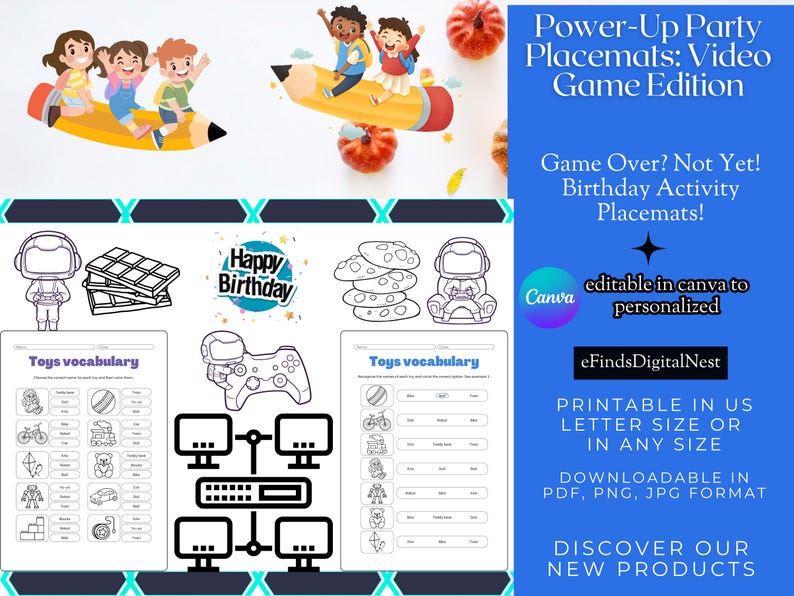 Video Game Birthday Coloring Placemat Party Games Children Activity ...