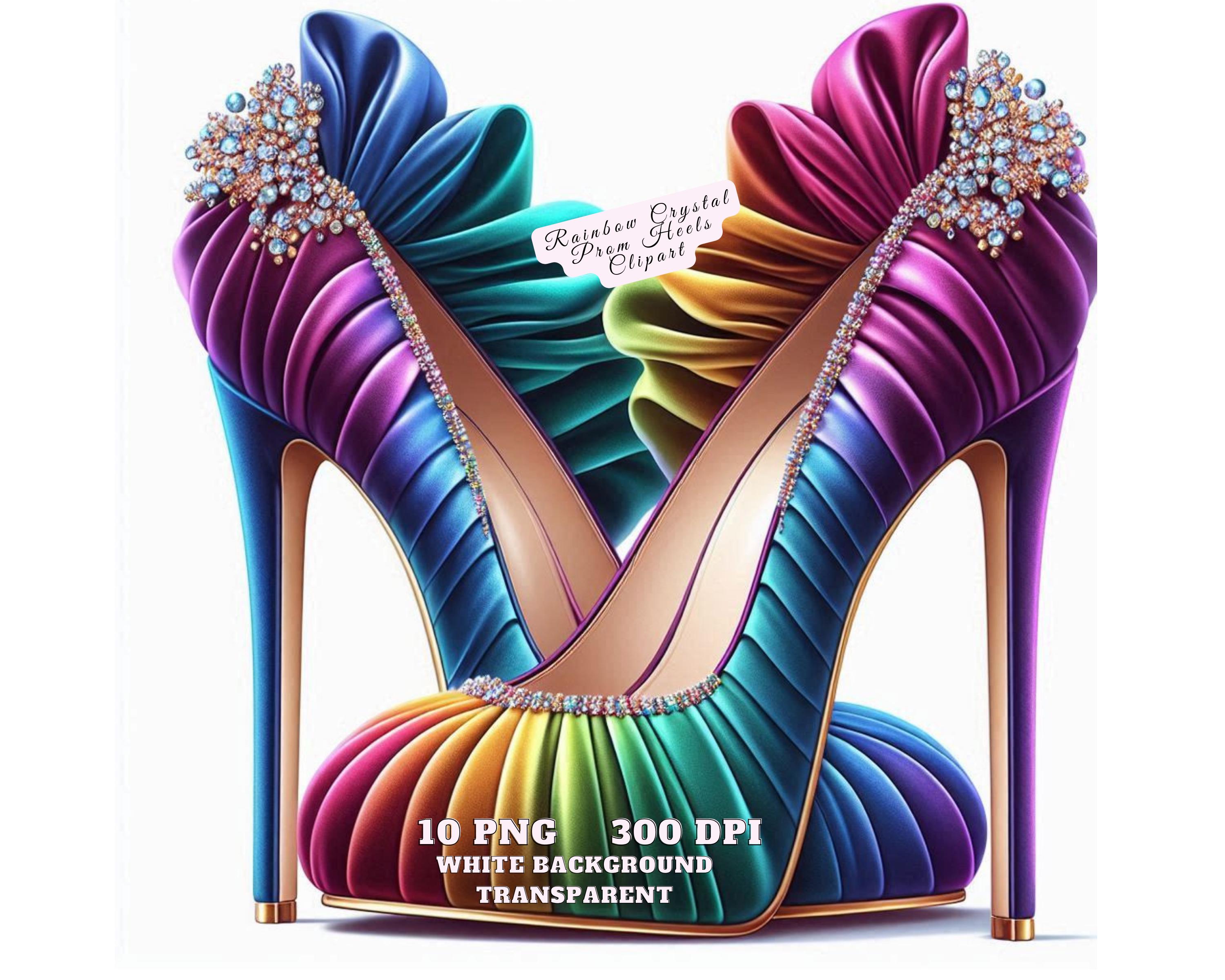 Rainbow Crystal Prom Heels Clipart, Sparkly High Heel PNG, Fashion Shoe ...